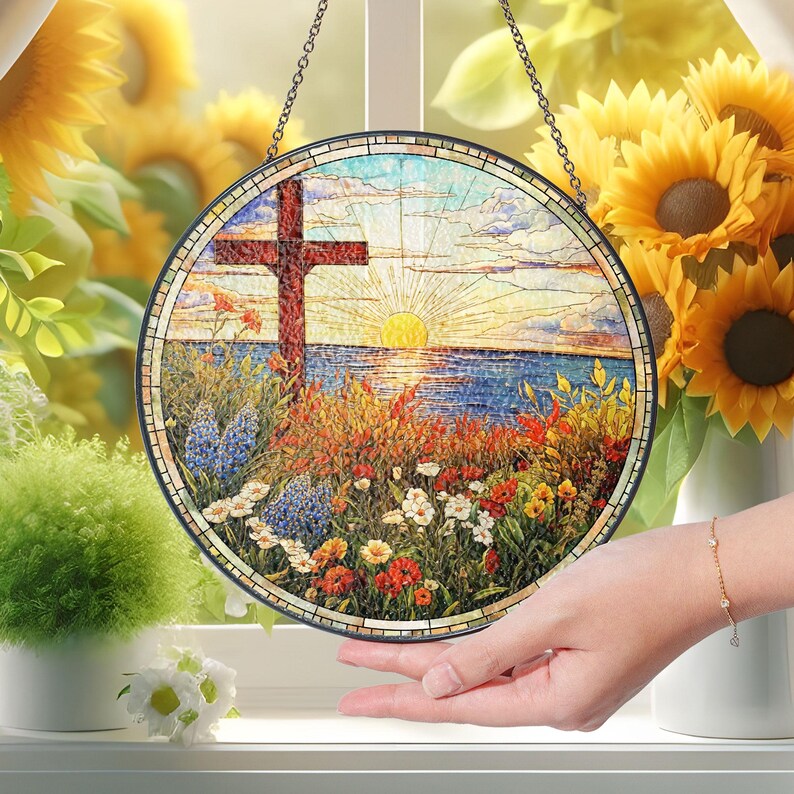 Christian Cross Stained Glass Suncatcher, Religious Home Decor ...