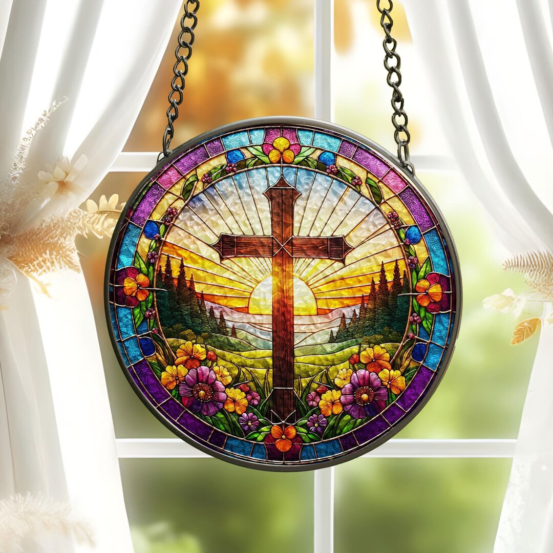 Christian Cross Stained Glass Suncatcher, Religious Home Decor ...