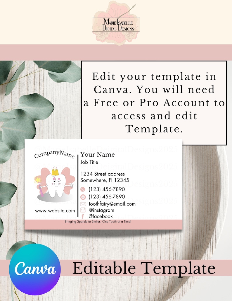 Tooth Fairy Business Card Editable on Canva Dental Hygienist Dental ...