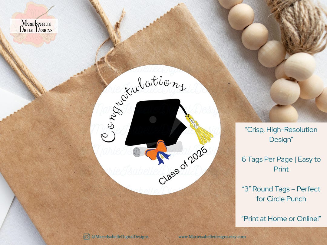 Graduation Circle Tags 3"inch Orange Blue Bow Printable Thank You ...