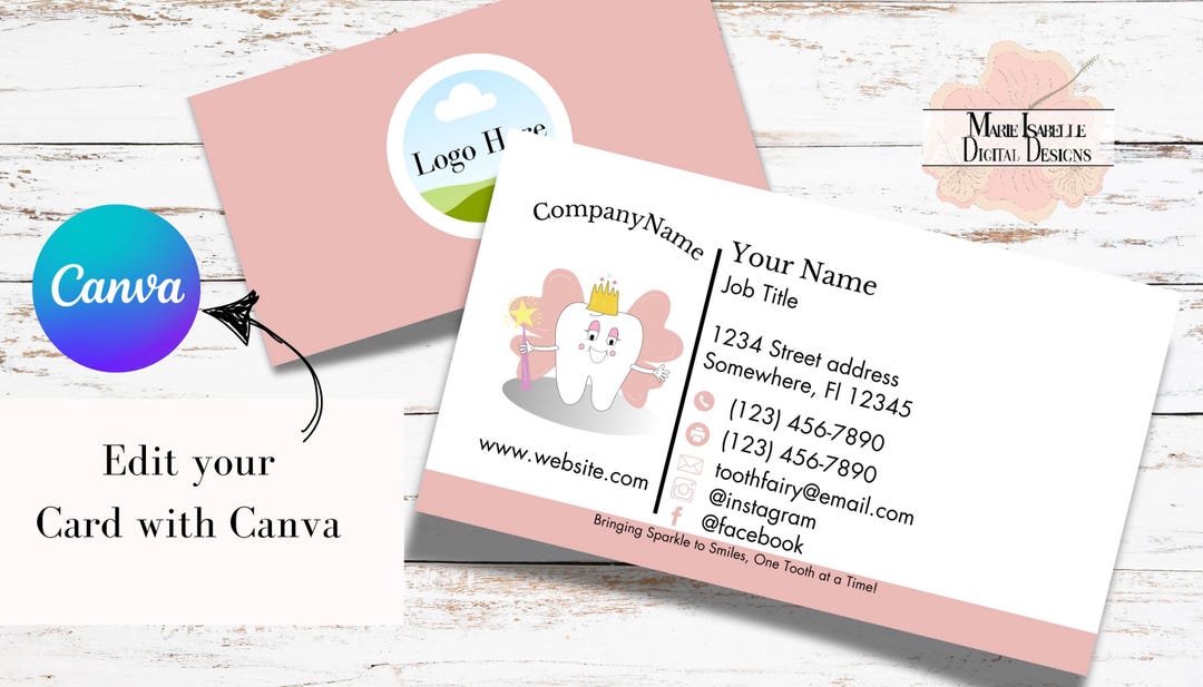 Tooth Fairy Business Card Editable on Canva Dental Hygienist Dental ...