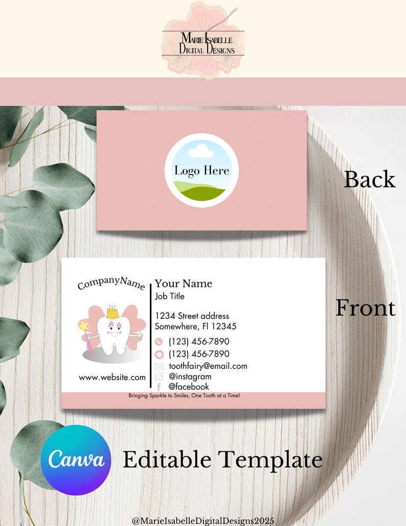 Tooth Fairy Business Card Editable on Canva Dental Hygienist Dental ...
