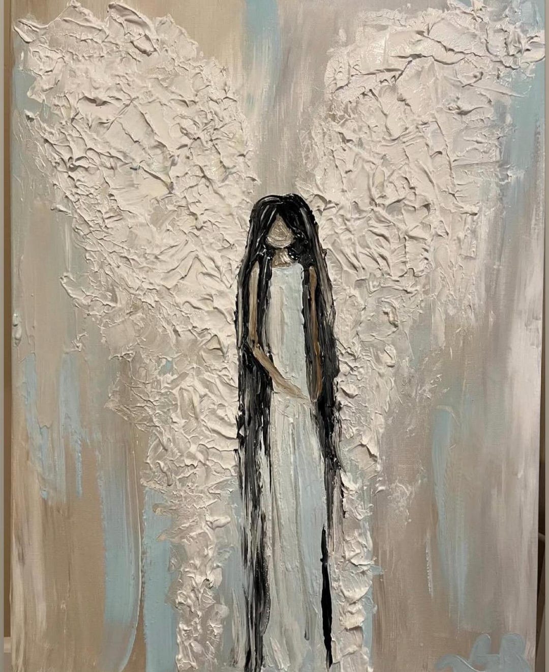 Acrylic Pallet Knife Angel Painting 24"x18" Gold Silver Baby Blue White ...