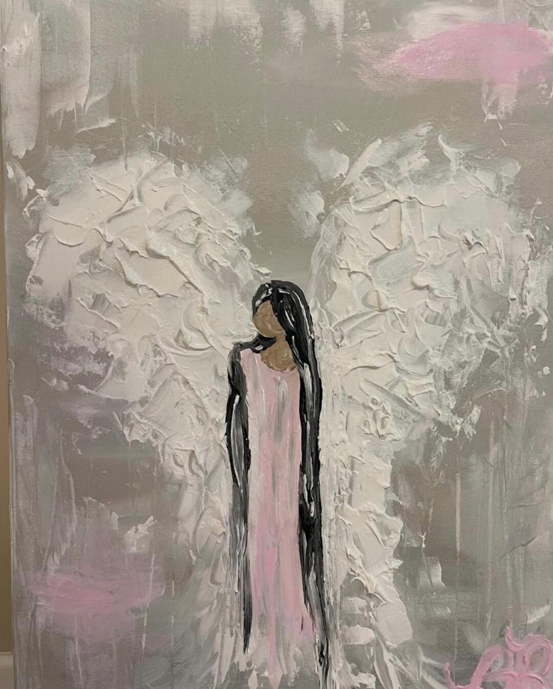 Acrylic Pallet Knife Angel Painting 24"x18" Gold Silver Pink White ...