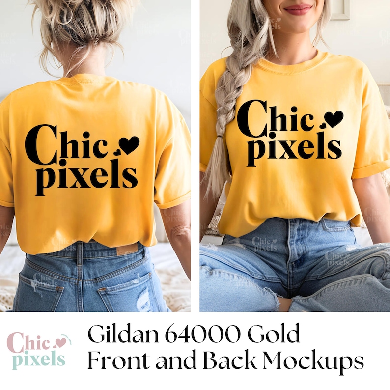 Gildan 64000 Gold Tshirt Front & Back Mockup Bundle, G640 Gold T-shirt ...