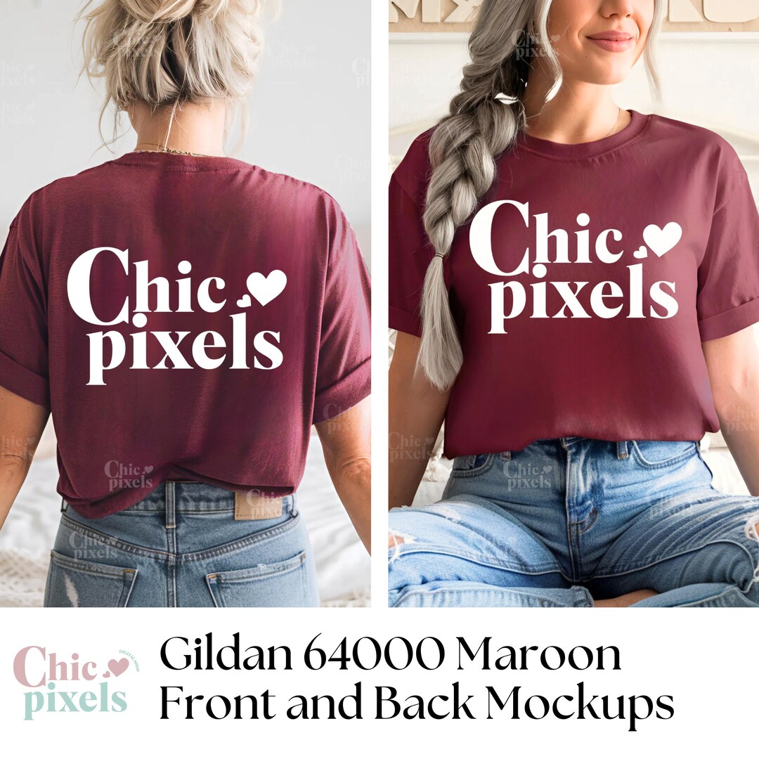 Gildan 64000 Maroon Tshirt Front & Back Mockup Bundle, G640 Maroon T ...