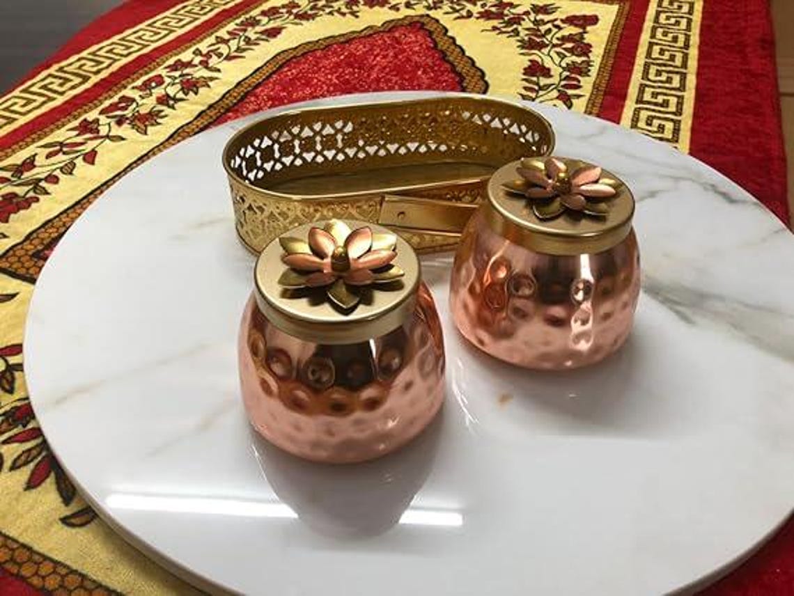 Copper Spice Jar Set: Golden Floral Lids, Decorative Metal Basket - Etsy