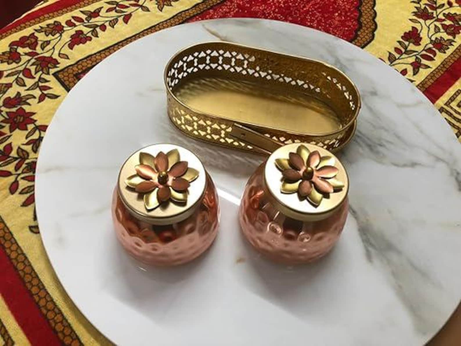 Copper Spice Jar Set: Golden Floral Lids, Decorative Metal Basket - Etsy