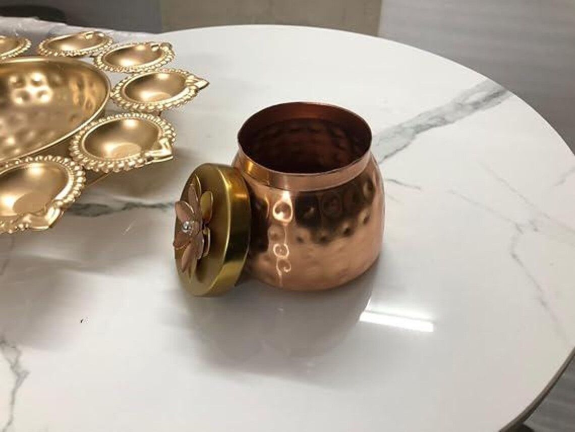 Copper Spice Jar Set: Golden Floral Lids, Decorative Metal Basket - Etsy