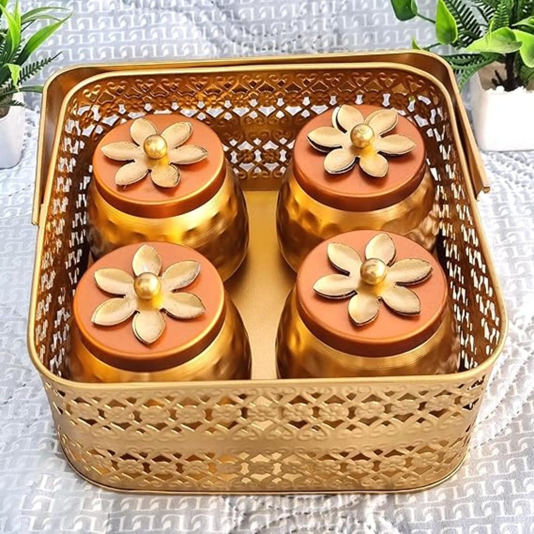 Golden Lotus Flower Jars With Metal Basket: Decorative Kitchen Storage ...