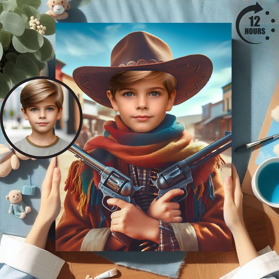 Personalized Kid Cowboy Portrait: Custom Western Art Gift - Etsy