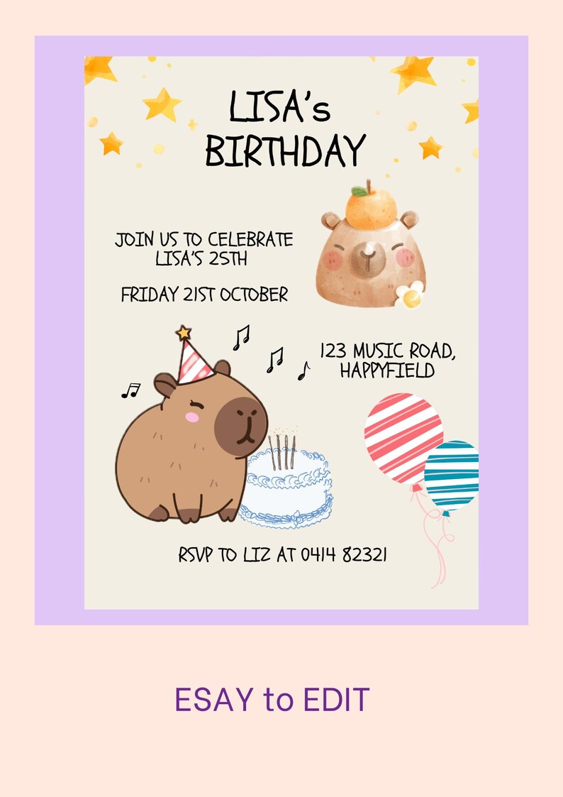 Capybara Birthday Invitation, Kids Cute Animal Birthday Invitation ...