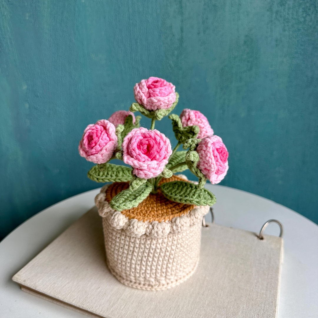 Handmade Crochet Rose Plant: Knitted Flower Pot Desk Decor - Etsy