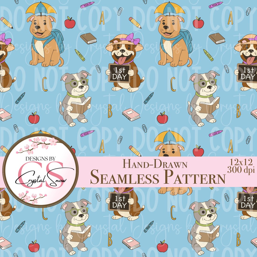 Pitbull Back to School Seamless Pattern: Dog Digital Paper (PNG Digital ...
