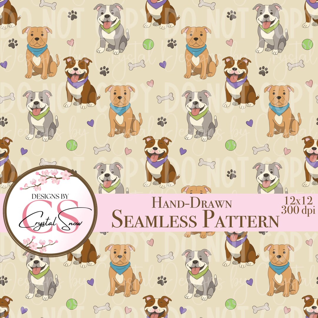 Pitbull Dog Seamless Pattern: Hand-drawn Bandana Pup Tile (12x12 PNG ...