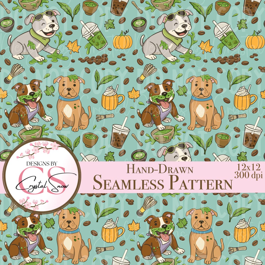 Matcha Pitbull Seamless Pattern: Fall Coffee Dog Tile (PNG Digital ...