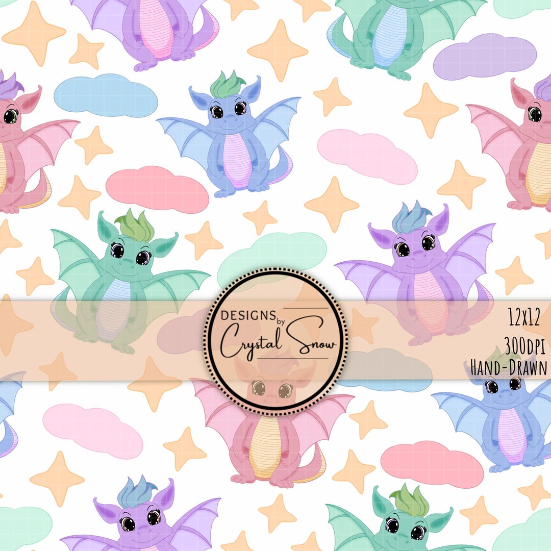 Adorable Baby Dragon Digital Paper – Cute Fantasy Dragon Seamless ...