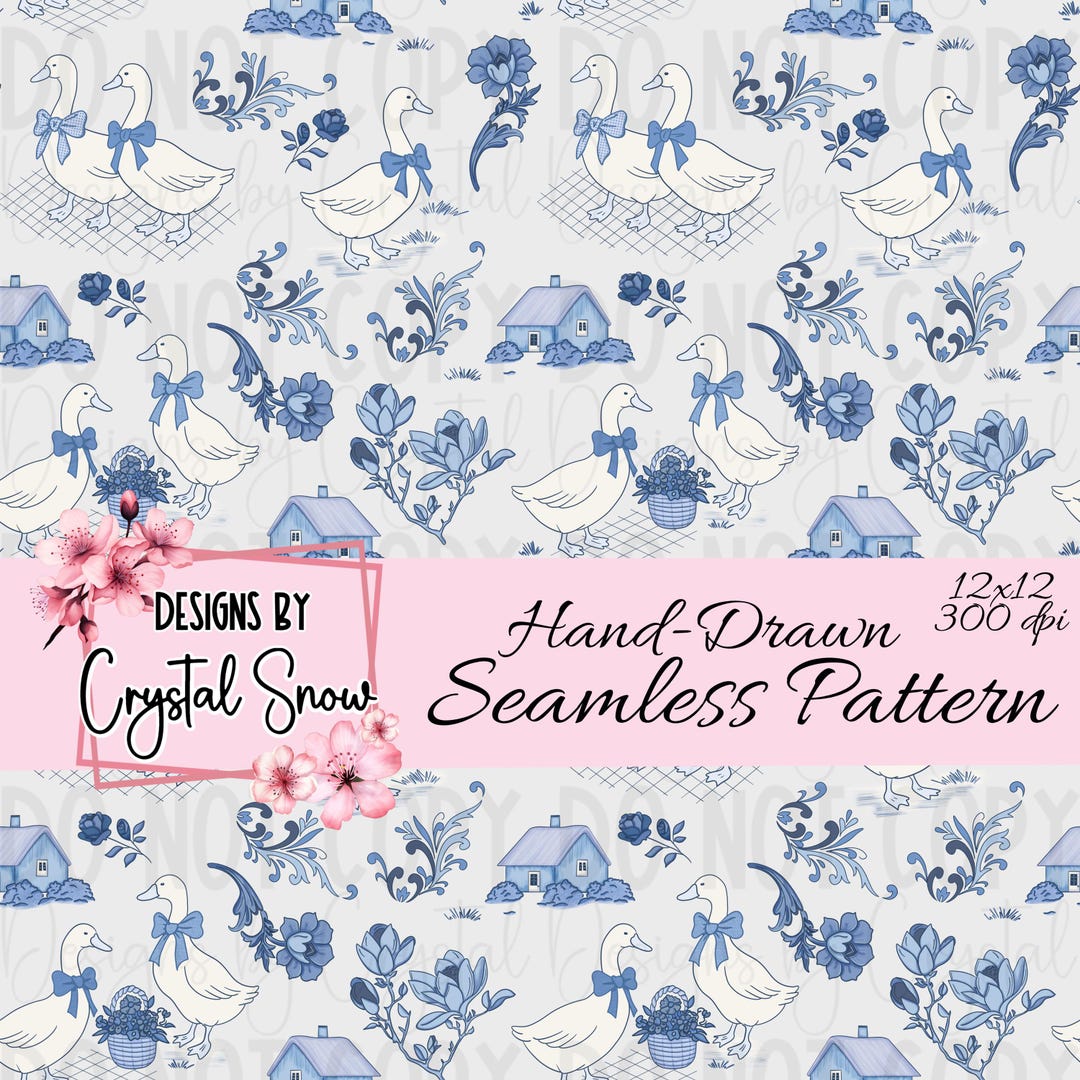 90s Cement Goose Seamless Pattern | Hand-drawn Blue Toile Style Digital ...