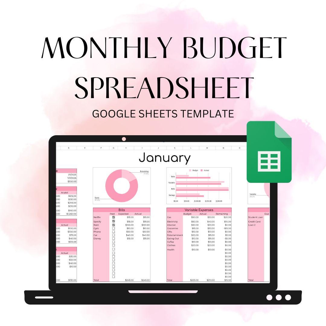 Pink Monthly Budget Spreadsheet - Google Sheets Template for Personal ...