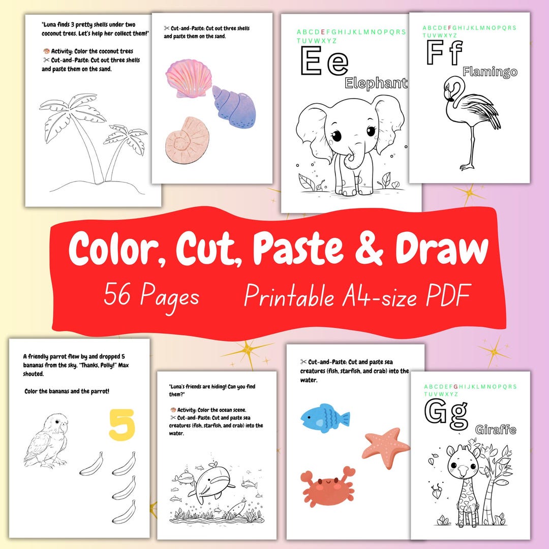 56-page Animal Cut & Paste Coloring Fun | Printible Craft for Kids - Etsy