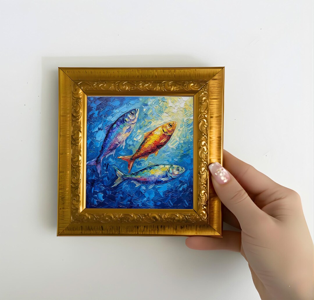 Colorful Fish Mini Oil Painting, Ocean Rainbow Fish Art 4x4 / 5x5 Inch ...