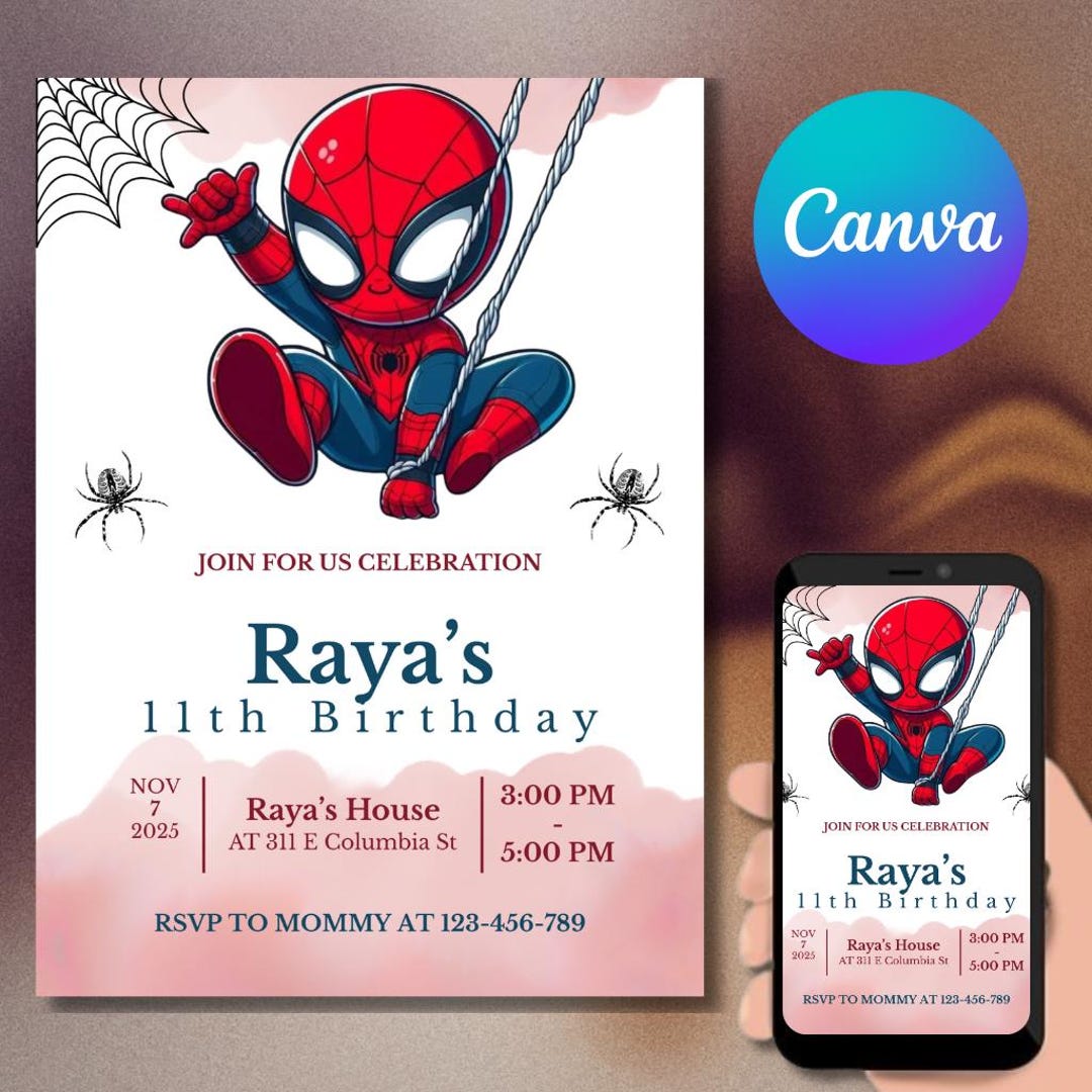 Spider Cartoon Birthday Invitation, Editable Little Spider Invitation ...