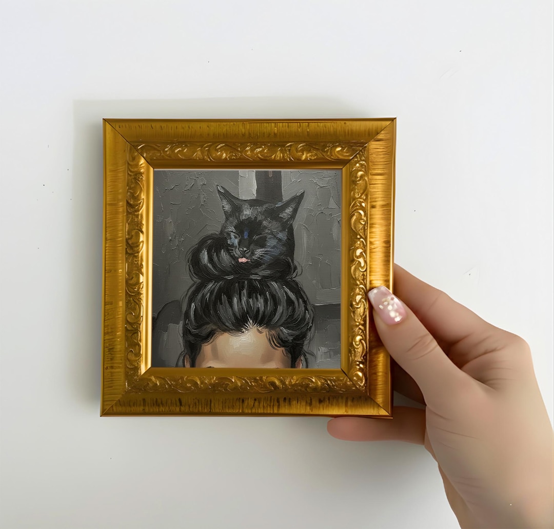 Black Cat Woman Portrait, Surreal Oil Painting 5x5 Inch Framed Canvas ...
