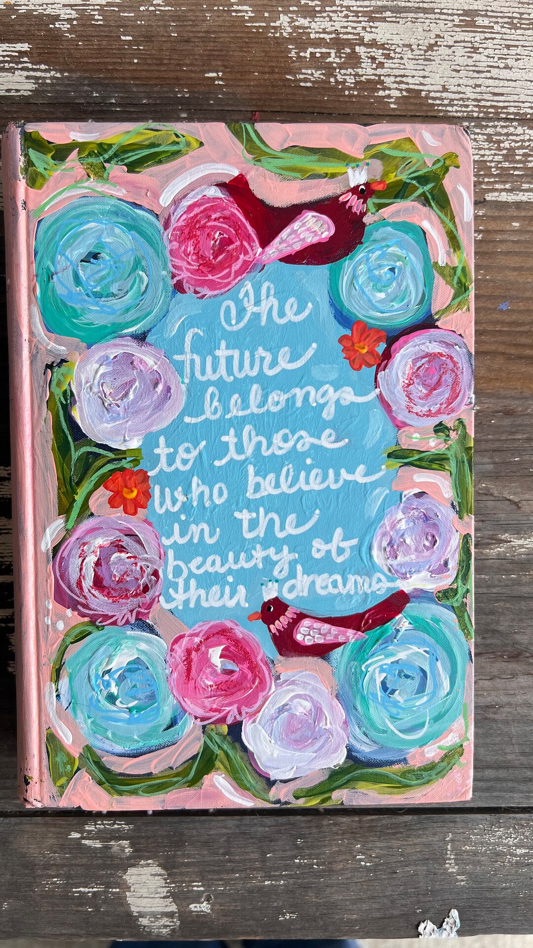 Vintage Repurposed Painted Book, Painted Flowers and Quote, Emerson ...