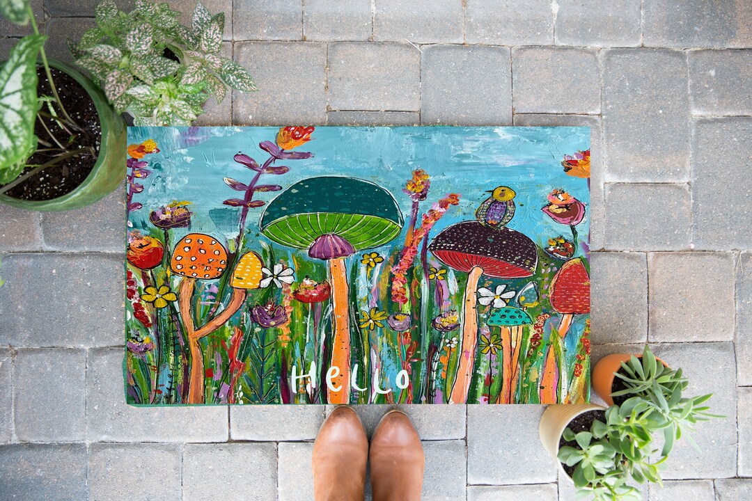 Outdoor Rug, Mushroom Doormat, Mushroom Outdoor Rug, Hello Rug ...