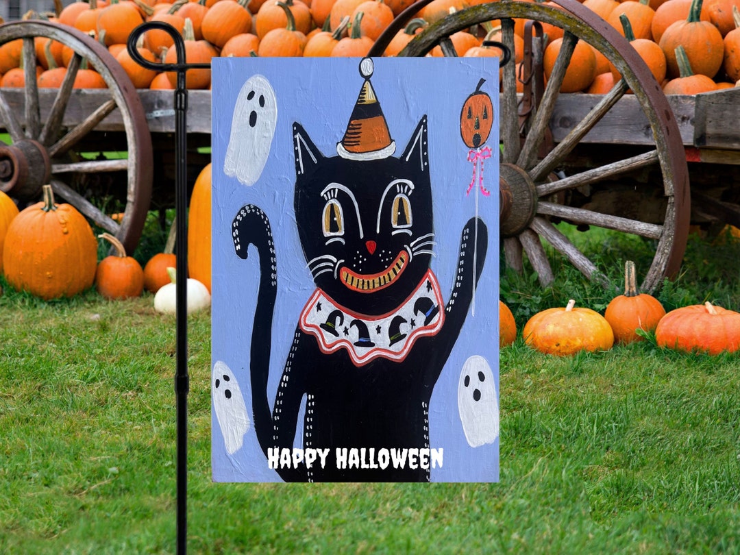 Halloween Flag,folk Art Black Cat Flag, Halloween Yard Art, Garden Flag ...