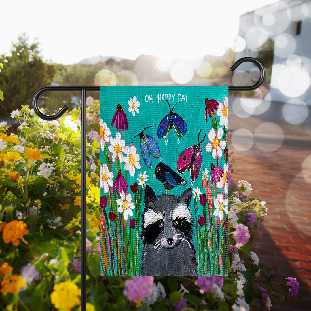 Raccoon With Flowers Flag, Garden Flag, Oh Happy Day Yard Flag, Garden ...