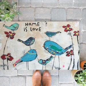 Outdoor Rug, Home is Love, Welcome Mat, Bird Doormat, Whimsical Bird ...