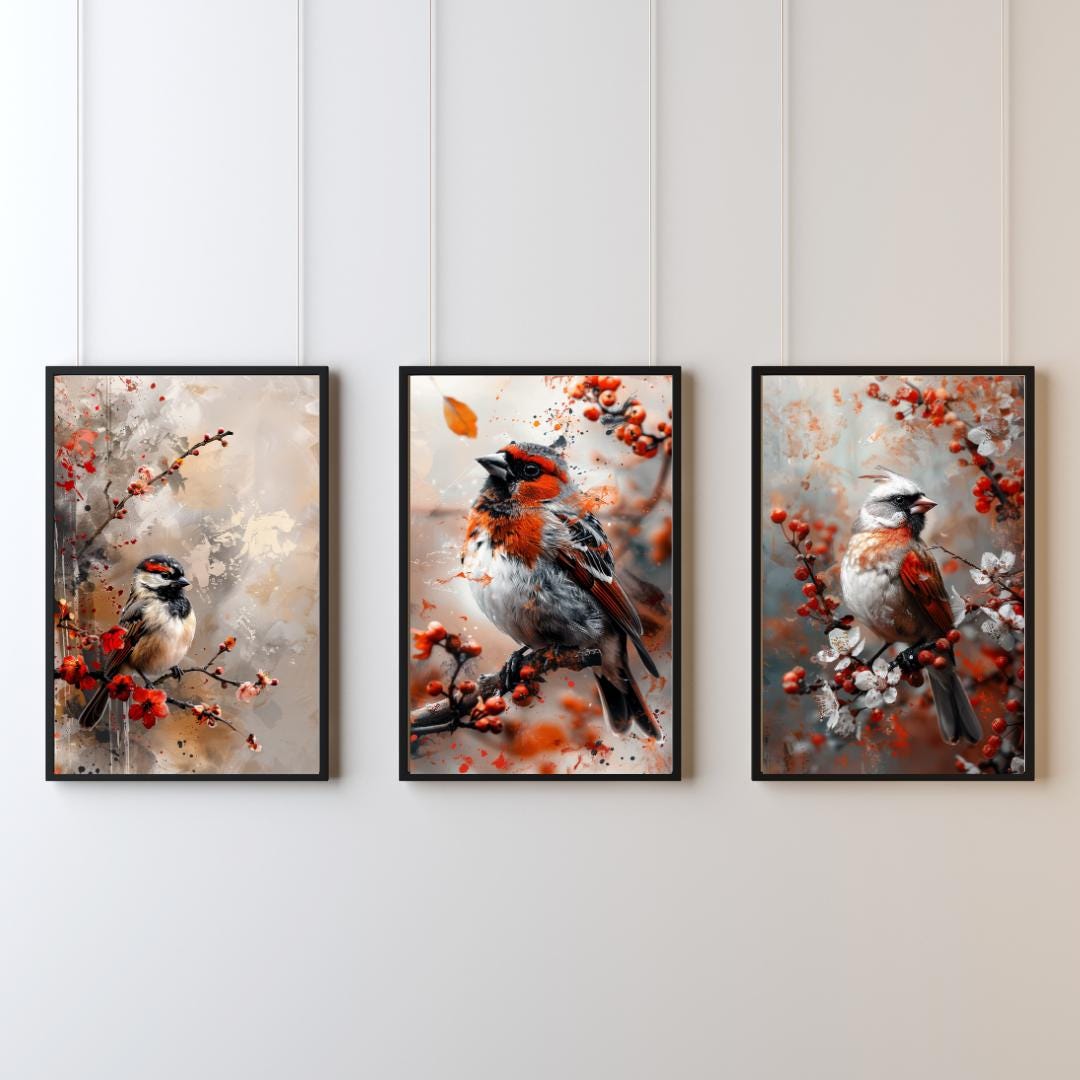 Chirping Grace Wall Art Set – Bird Printable Posters With Blossoms ...