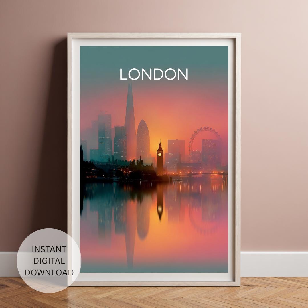 London Skyline Wall Art, Pastel Sunset Cityscape Print, Modern ...