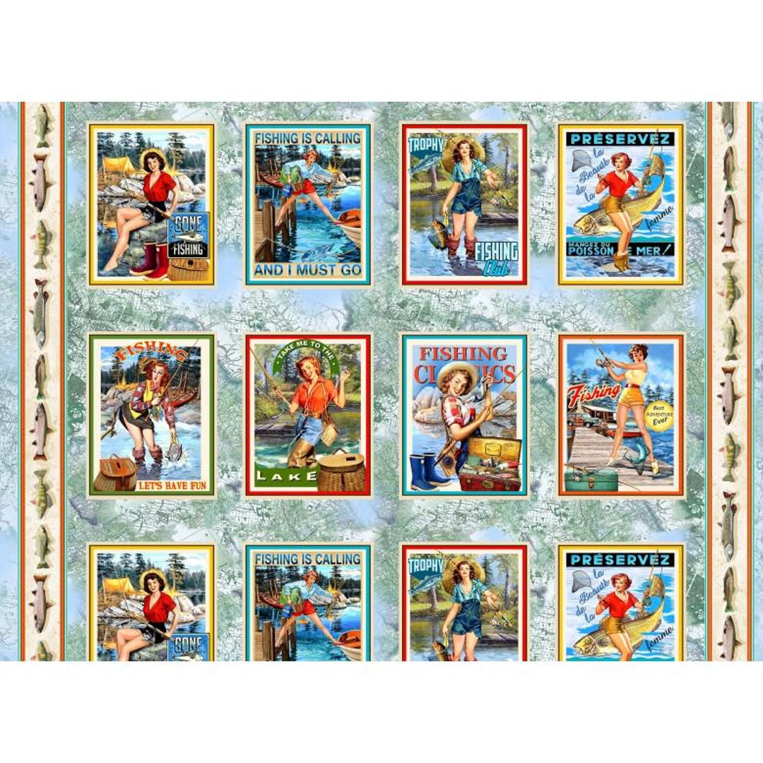 RETRO FISHING GIRLS Fishing Fabric Panel 23 3/4"" X 44", Michael Miller ...