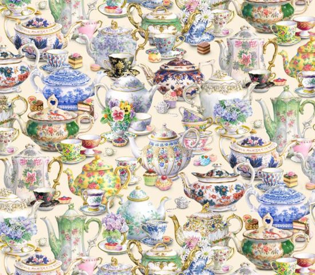 FANCY TEA on Cotton Fabric, Elizabth's Studio Llc, 100% Cotton Fabric, Teapot Fabric, Tea Cup ...
