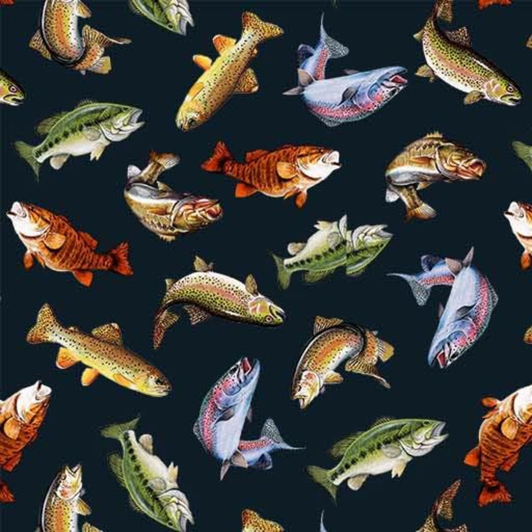 FISH FABRIC Michael Miller Navy Blue Multi Species Cotton Quilting ...