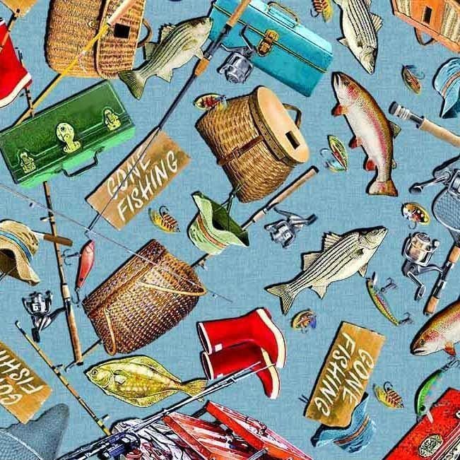Gone Fishing Fabric: Michael Miller Blue Fish Tackle Box Rod Net Cotton ...