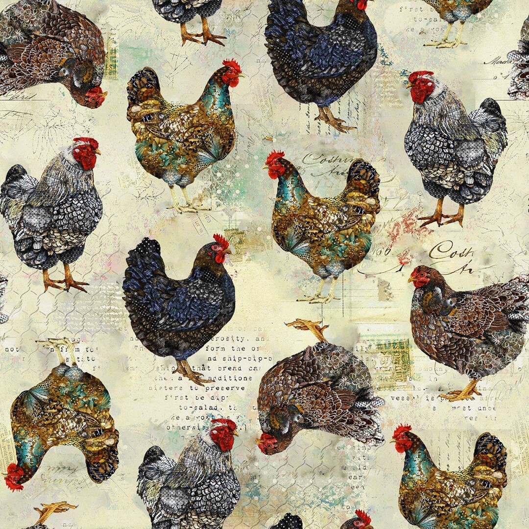 BEAUTIFUL BOHO CHICKENS on Cotton Fabric, Windham Fabrics, 100% Cotton ...