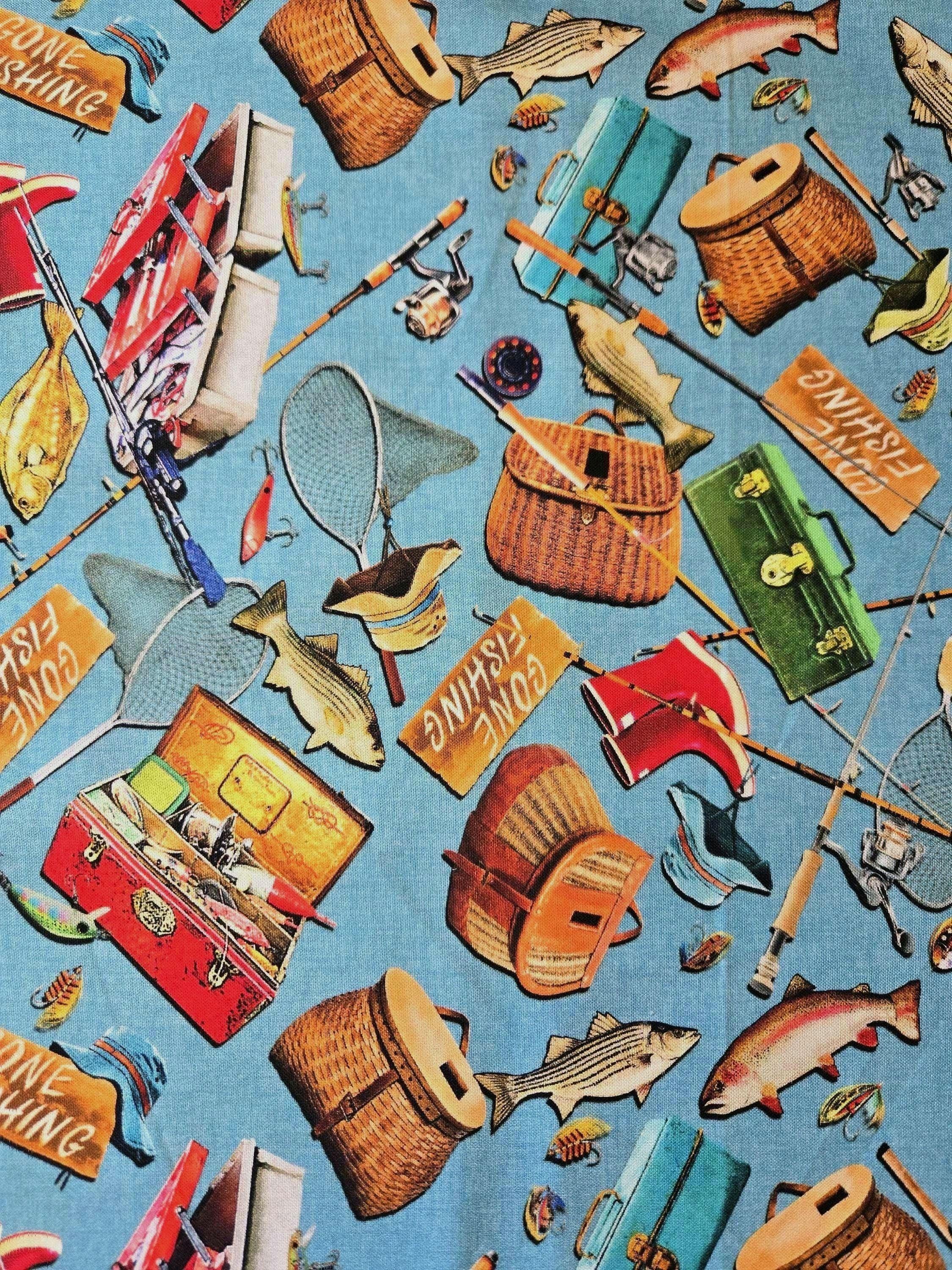 Gone Fishing Fabric: Michael Miller Blue Fish Tackle Box Rod Net Cotton ...