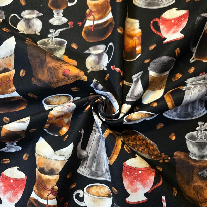 Coffee Brewing Fabric: QT Fabrics Novelty Cafe Print, 100% Cotton ...