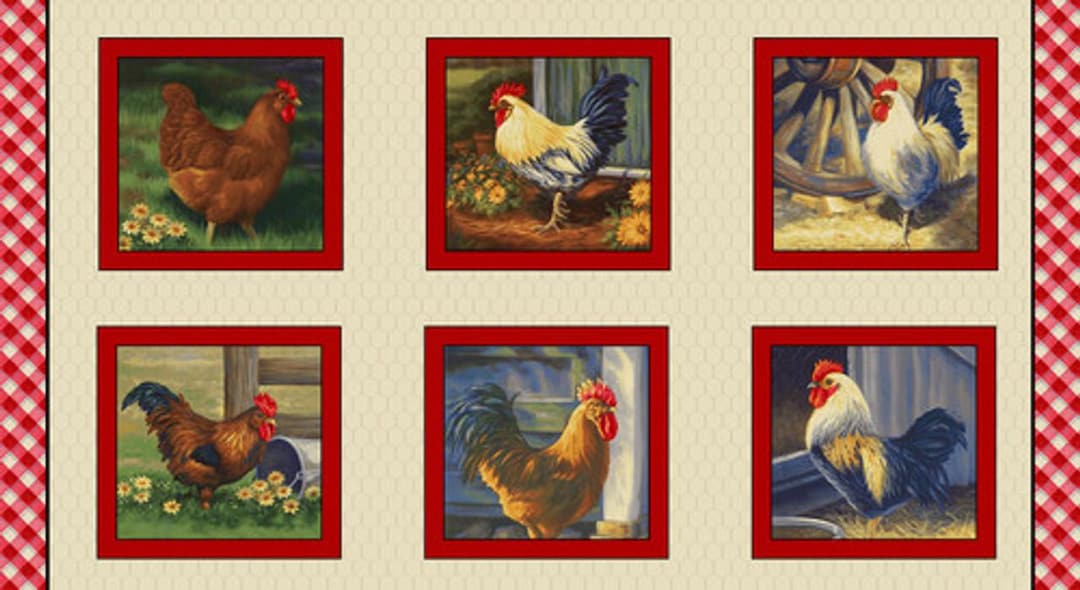 ROOSTER CLUB on a Cotton Fabric Panel 23x 44, Studio E Fabrics, Early ...