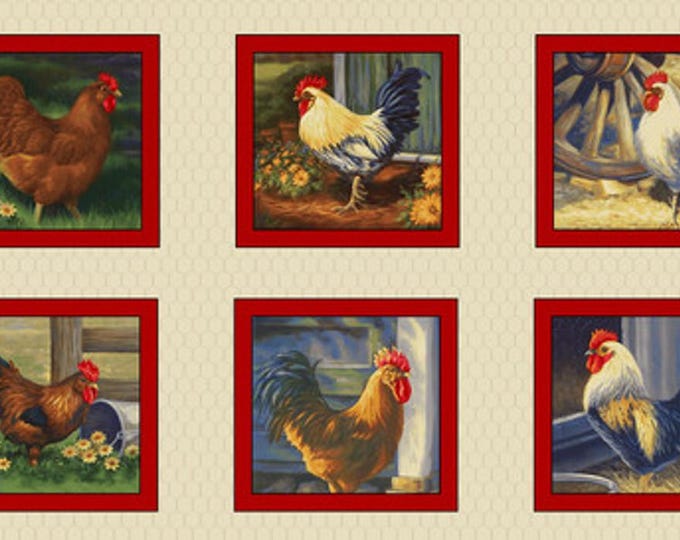 ROOSTER CLUB on a Cotton Fabric Panel 23"x 44", Studio E Fabrics, Early ...