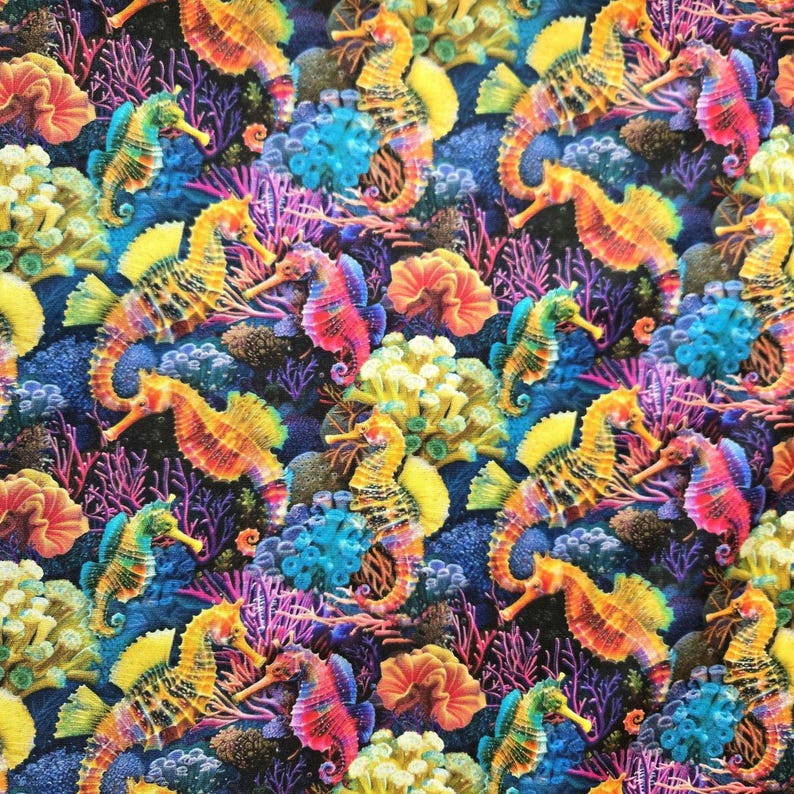 SEAHORSES Cotton Fabric: Timeless Treasures, Ocean Fish Print, Colorful ...