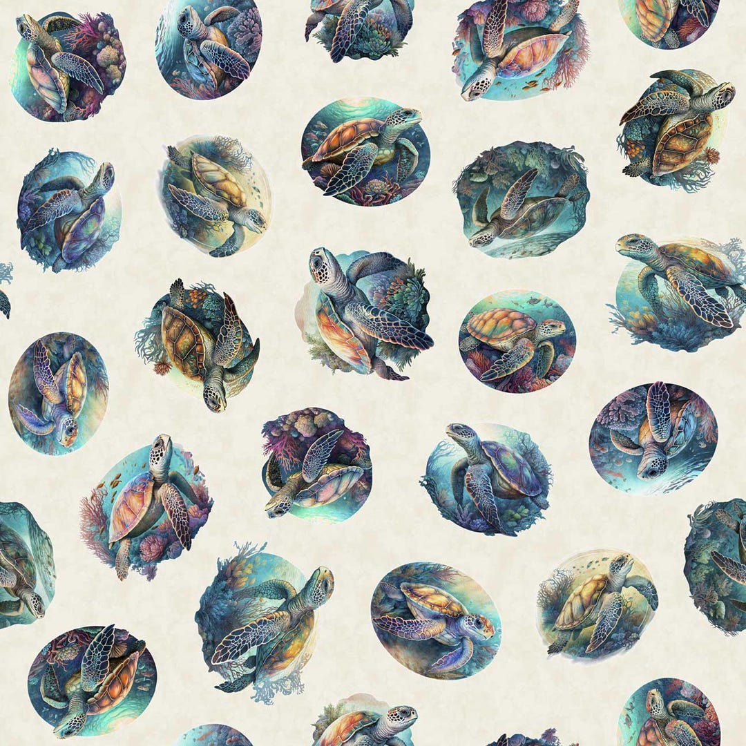 SEA TURTLES on Cream Cotton Fabric, QT Fabrics, 100% Cotton Fabric ...