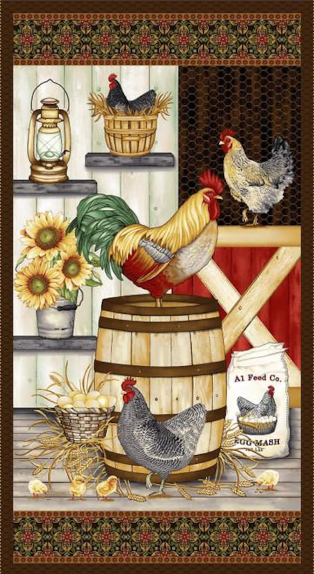 Chicken and Rooster Fabric Panel - Henry Glass Cotton Quilting Fabric ...