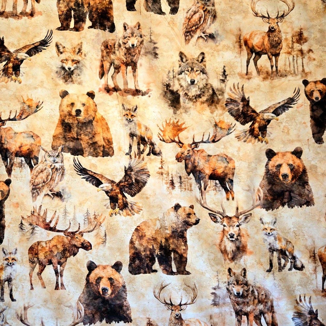 Mountain Animals Forest Fabric: QT Elk, Deer, Moose, Bear, Birds Cotton ...