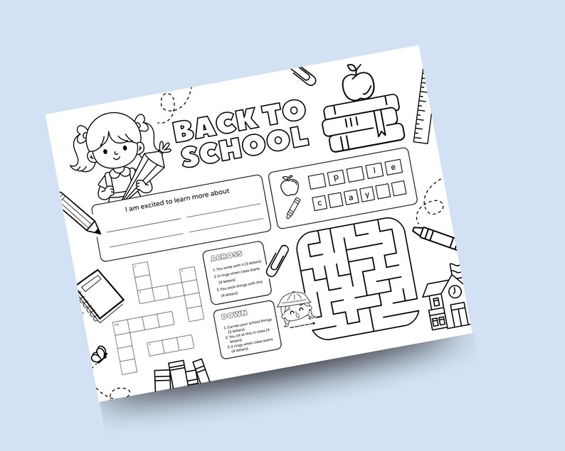 Back to School Placemat Kids Activity Printable and Editable - Etsy