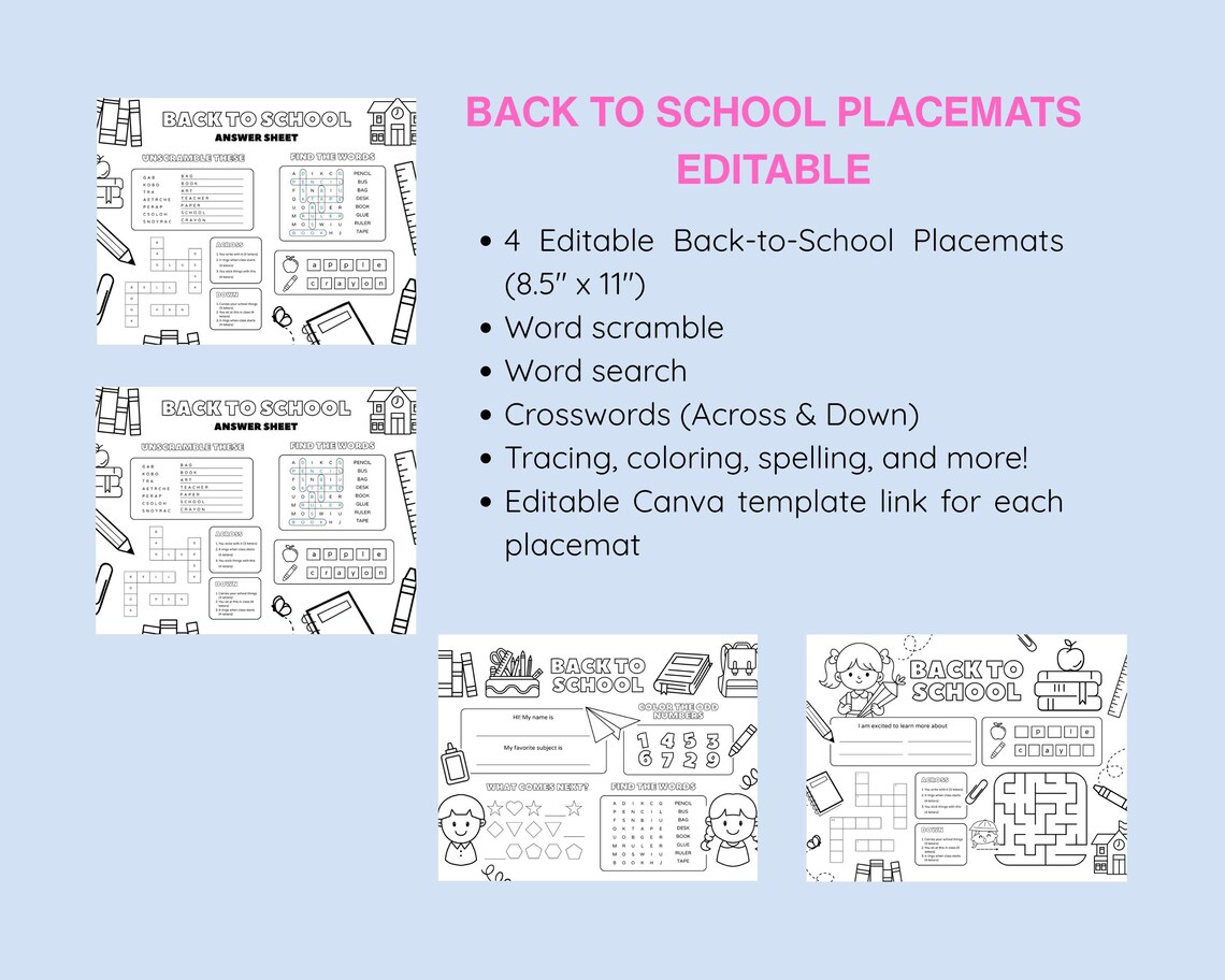 Back to School Placemat Kids Activity Printable and Editable - Etsy