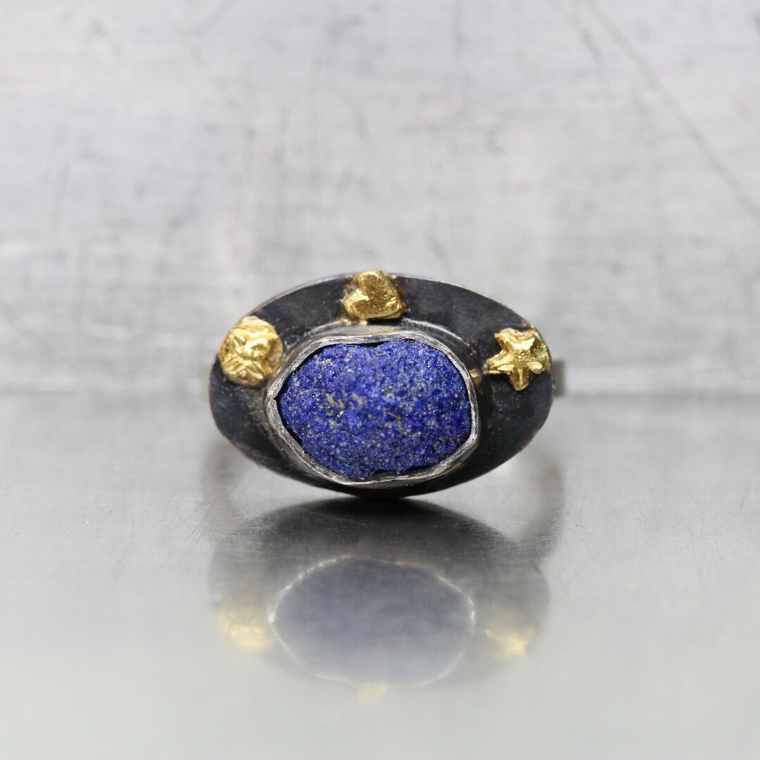Raw Azurite Blue Planet Ring Oxidized Silver 22k Yellow Gold Oval Bezel ...